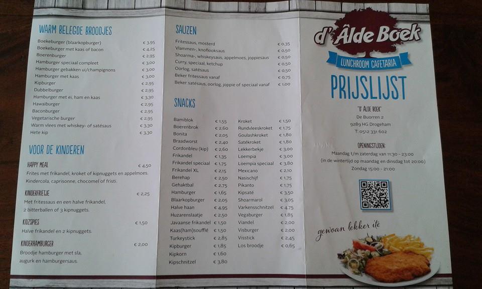 Menu at lunchroom d' Âlde Boek, Drogeham