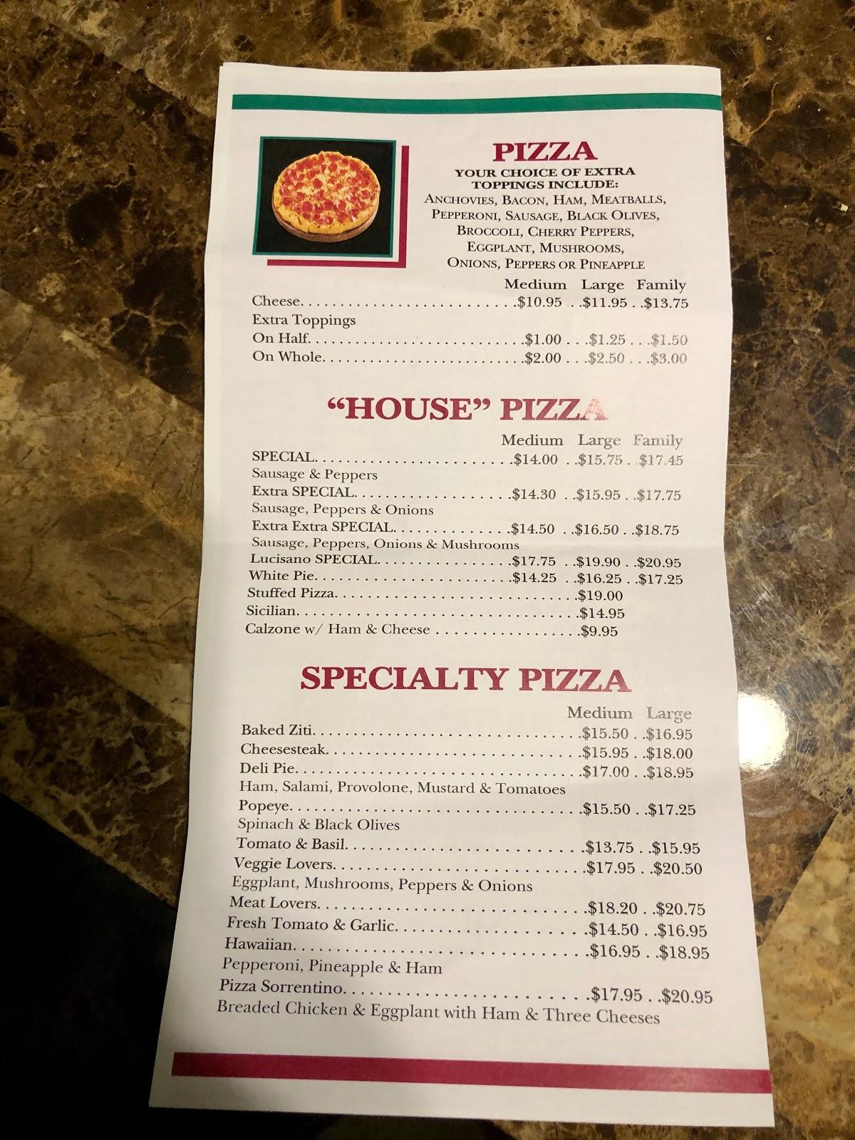 Menu at Lucisano's Pizza pizzeria, Keansburg