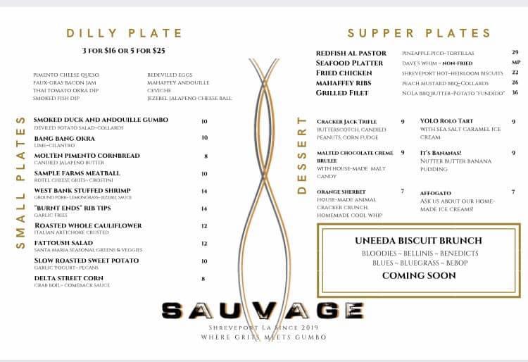 Menu at Sauvage pub & bar, Shreveport