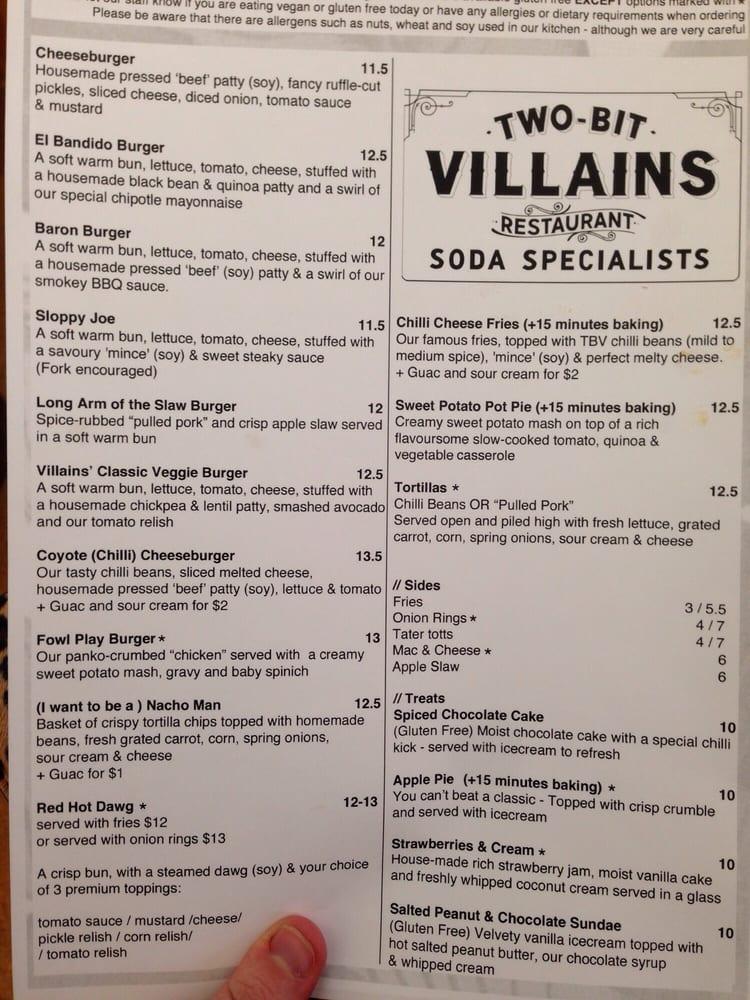 Menu at Two-Bit Villains restaurant, Adelaide