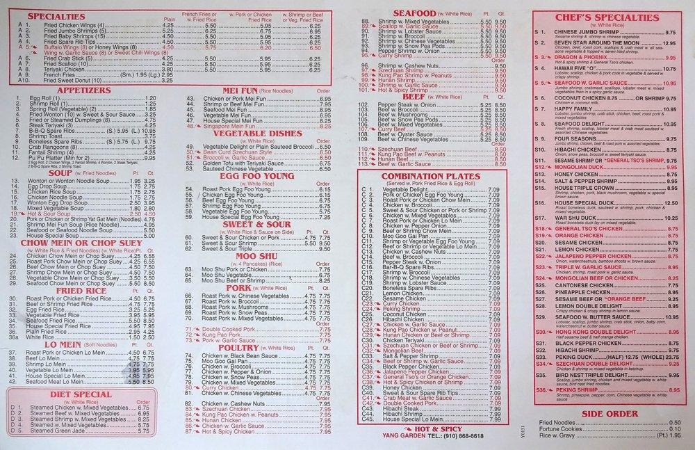 Menu at Yang Garden restaurant, Fayetteville
