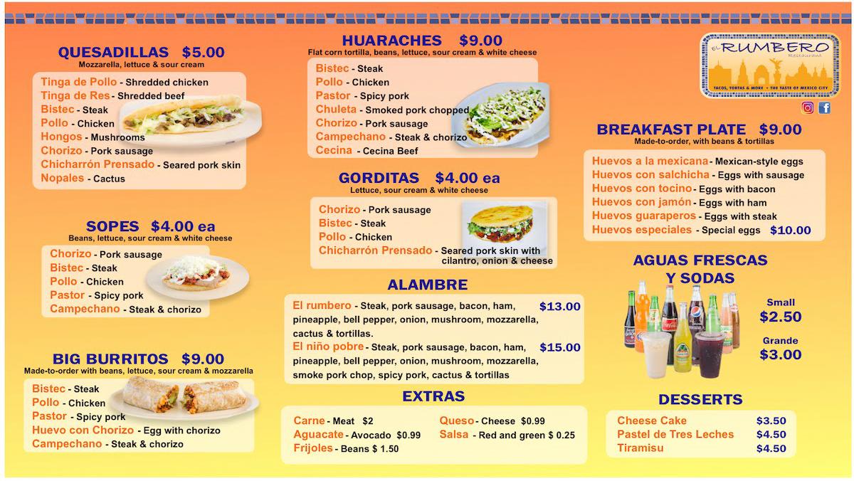 Menu at El Rumbero Taqueria restaurant, Carrollton, Marsh Ln Ste 114