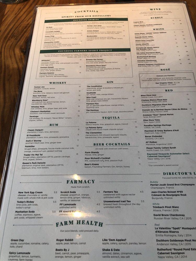 Menu at Founding Farmers Reston Station restaurant, Reston