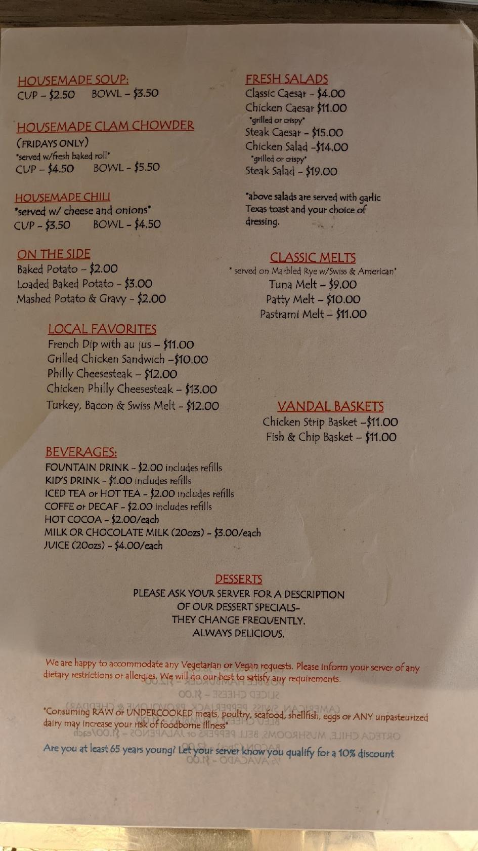 Menu at Owl Club Bar and Steakhouse, Eureka
