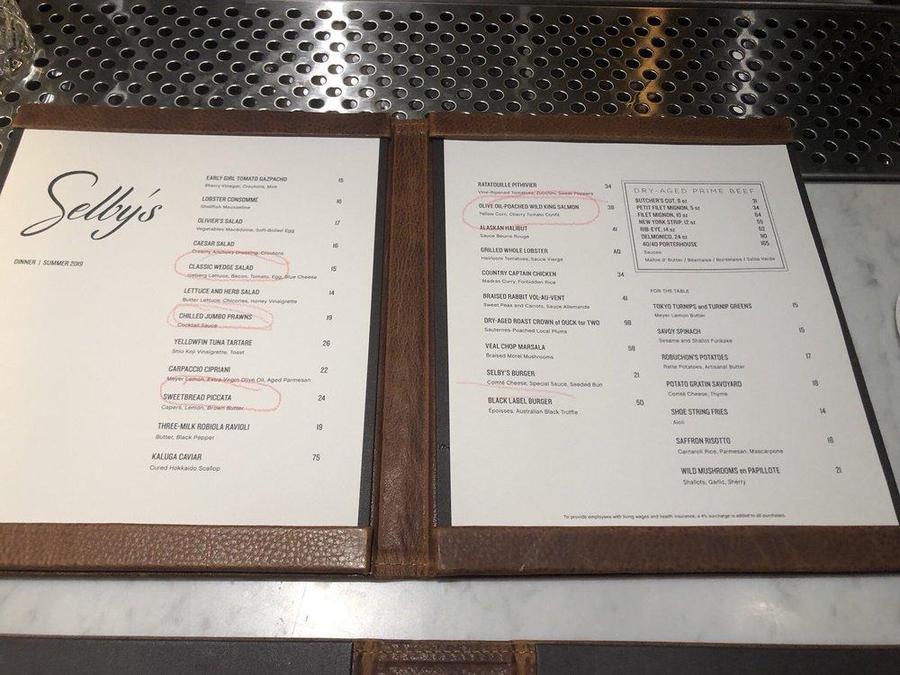 Menu at Selby's steakhouse, Redwood City