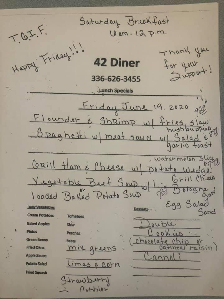 Menu at 42 Diner restaurant, Asheboro