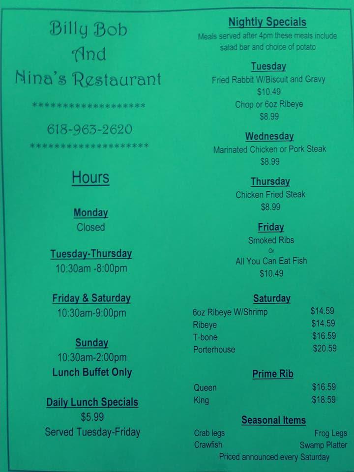 Menu at Billy Bob And Ninas restaurant, Enfield