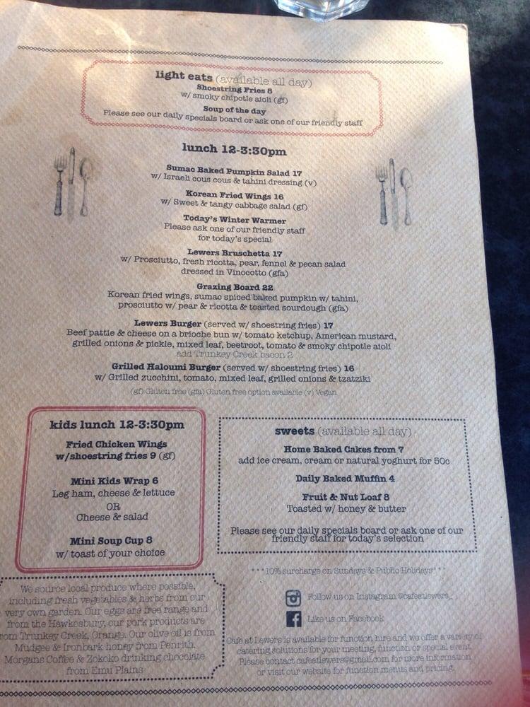 Menu at Cafe at Lewers, Emu Plains