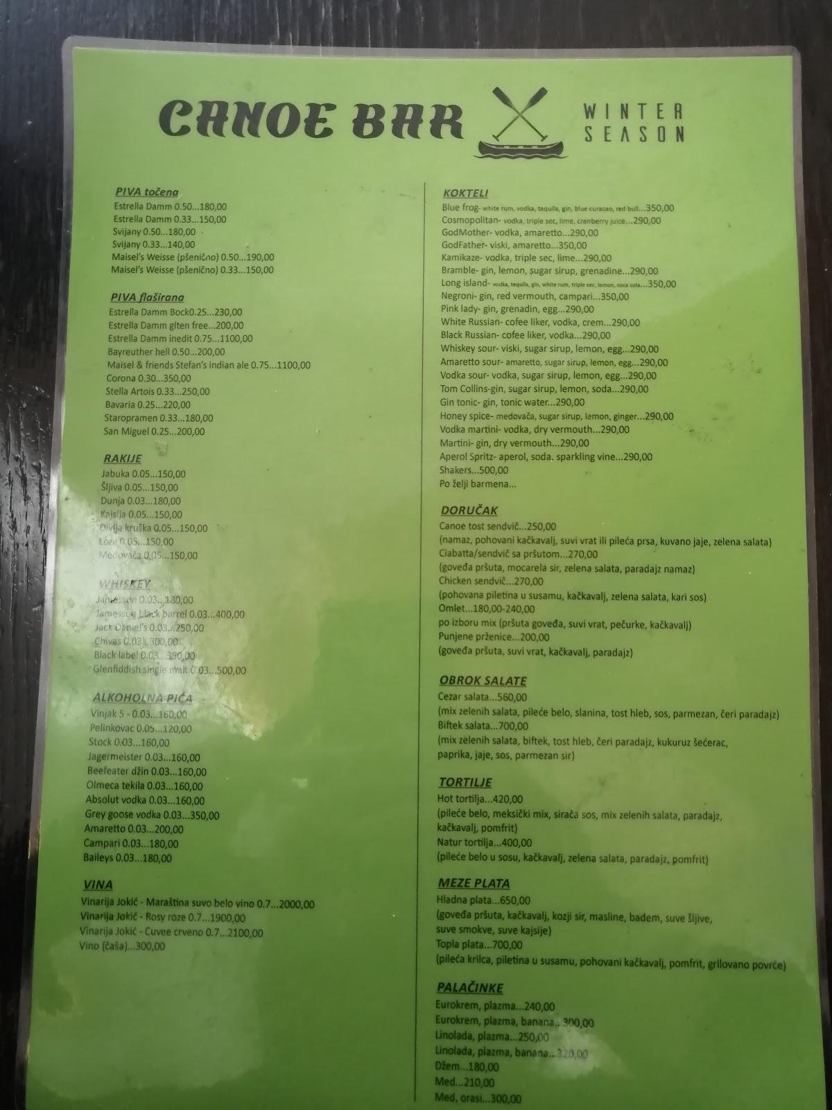 Carta de Canoe Bar - Winter season, Nova Varoš