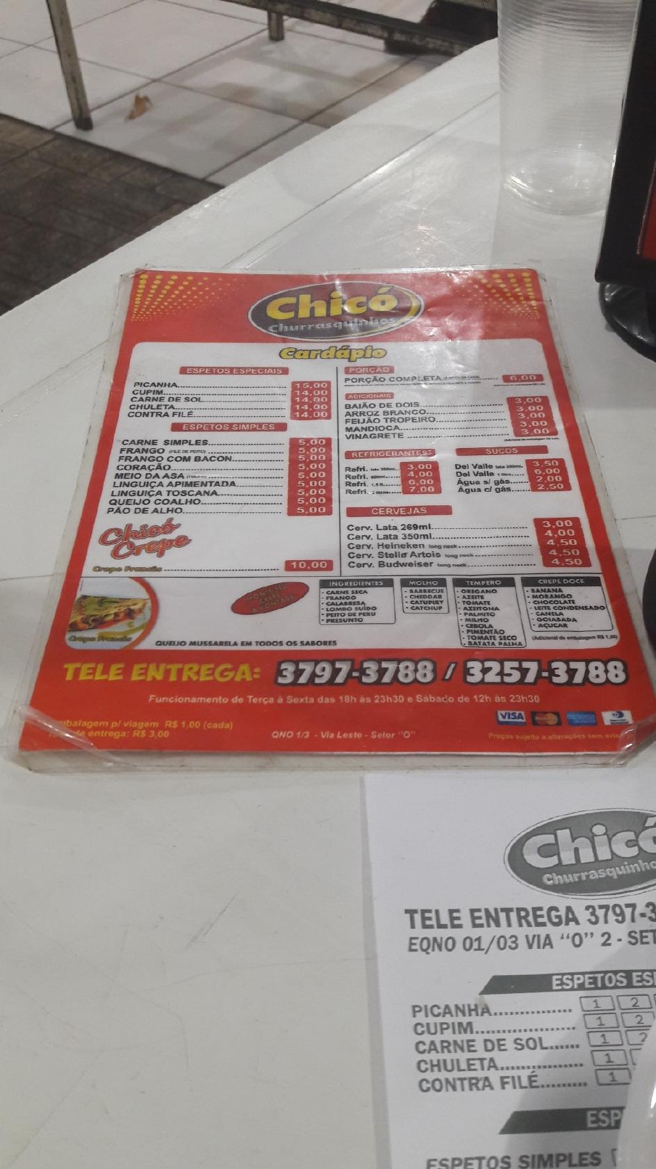 Menu at Chicó Churrasquinhos steakhouse, Brasília