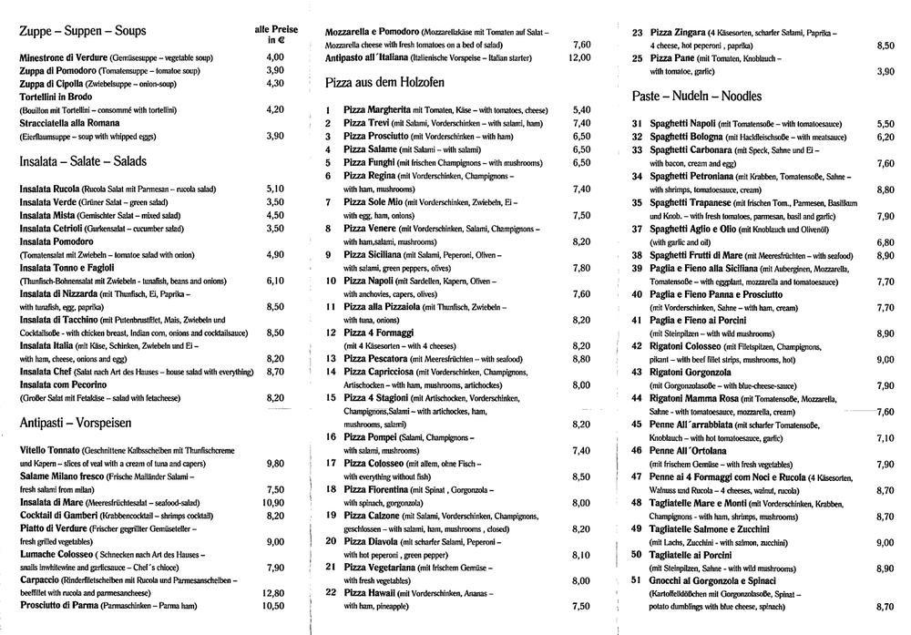 Menu at Colosseo pizzeria, Garmisch-Partenkirchen