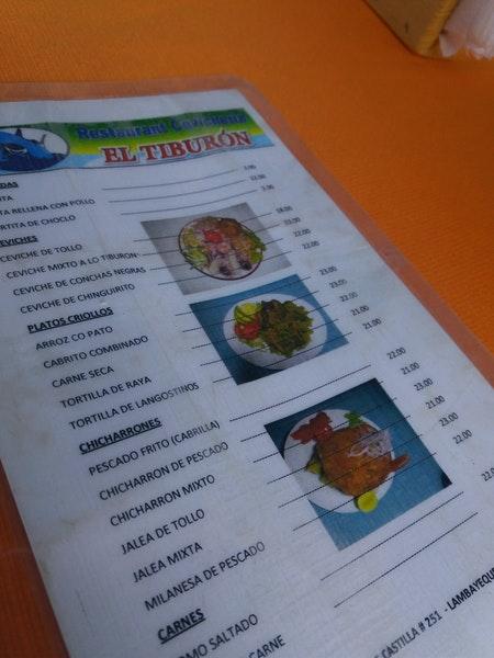 Menu at El Tiburón restaurant, Lambayeque