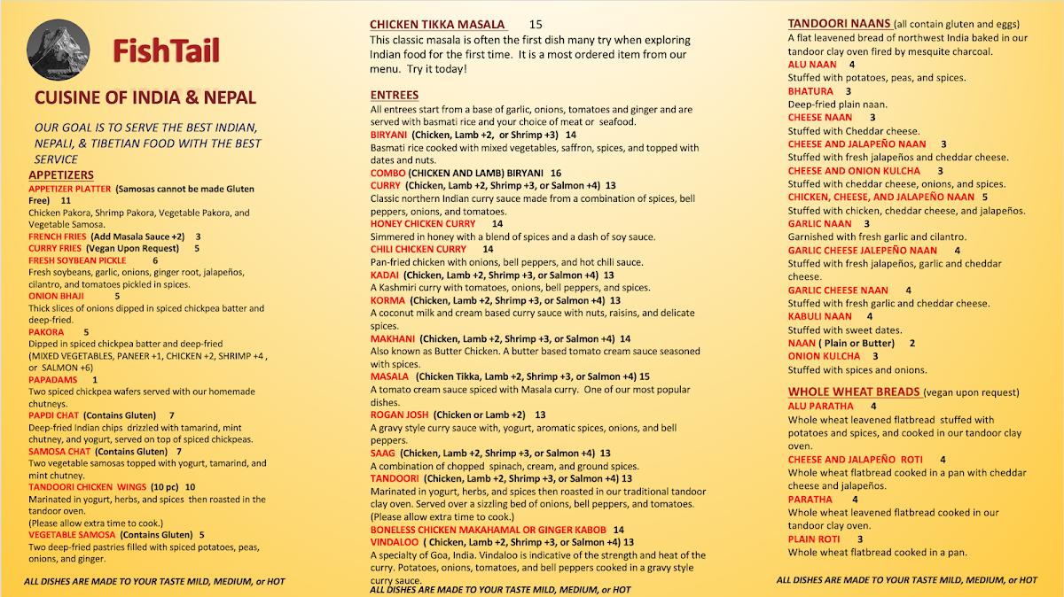 Menu at FishTail Cuisine of India & Nepal restaurant, Brighton