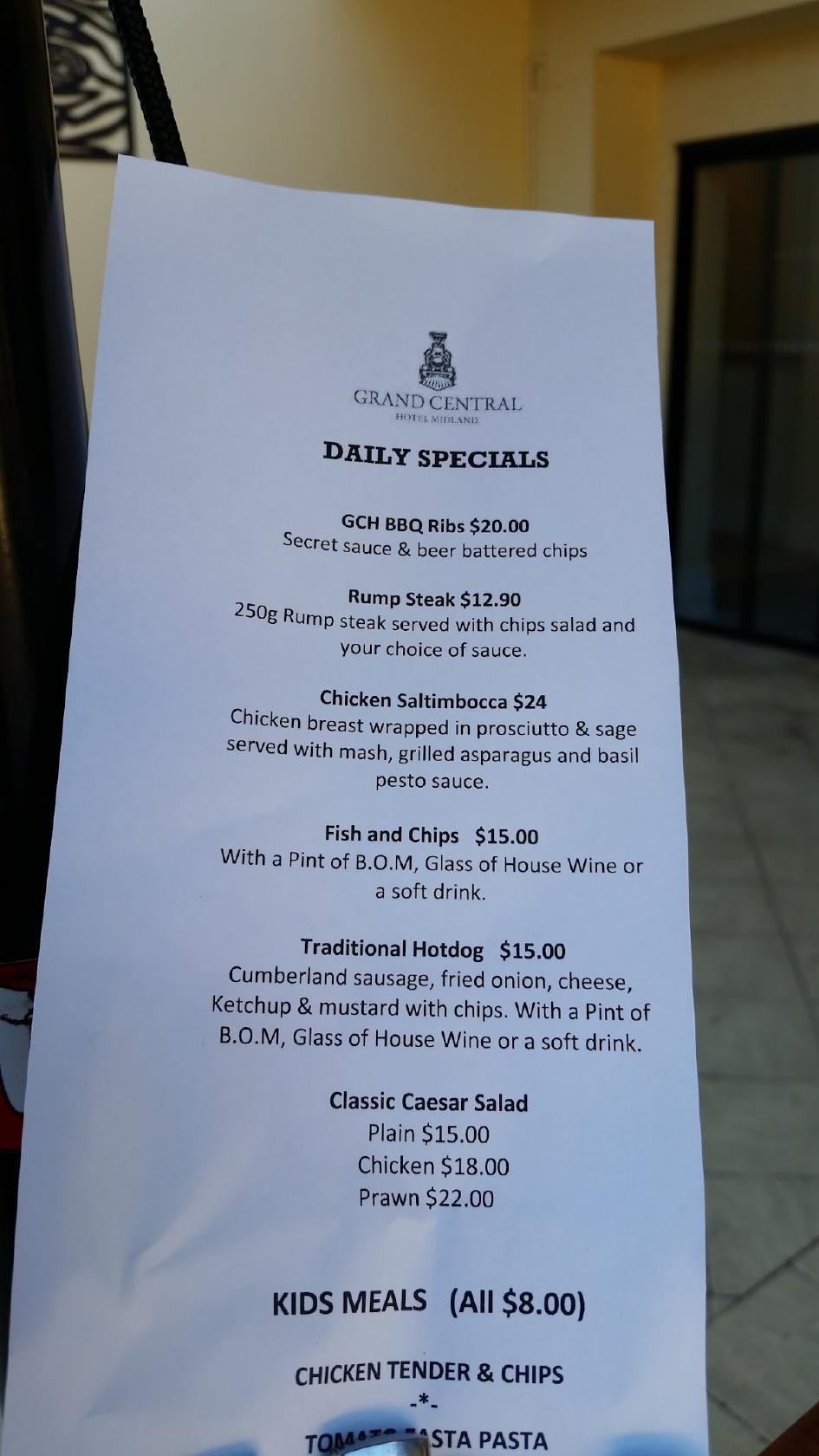 Menu at Grand Central Hotel pub & bar, Midland