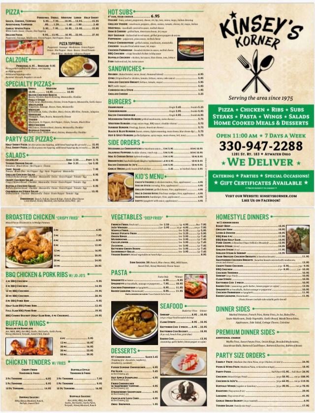 Menu at Kinsey's Korner pizzeria, Atwater