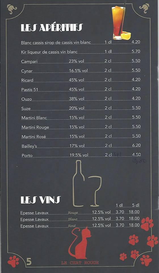 Menu at Le Chat Rouge, Vevey, Rue de Lausanne 23