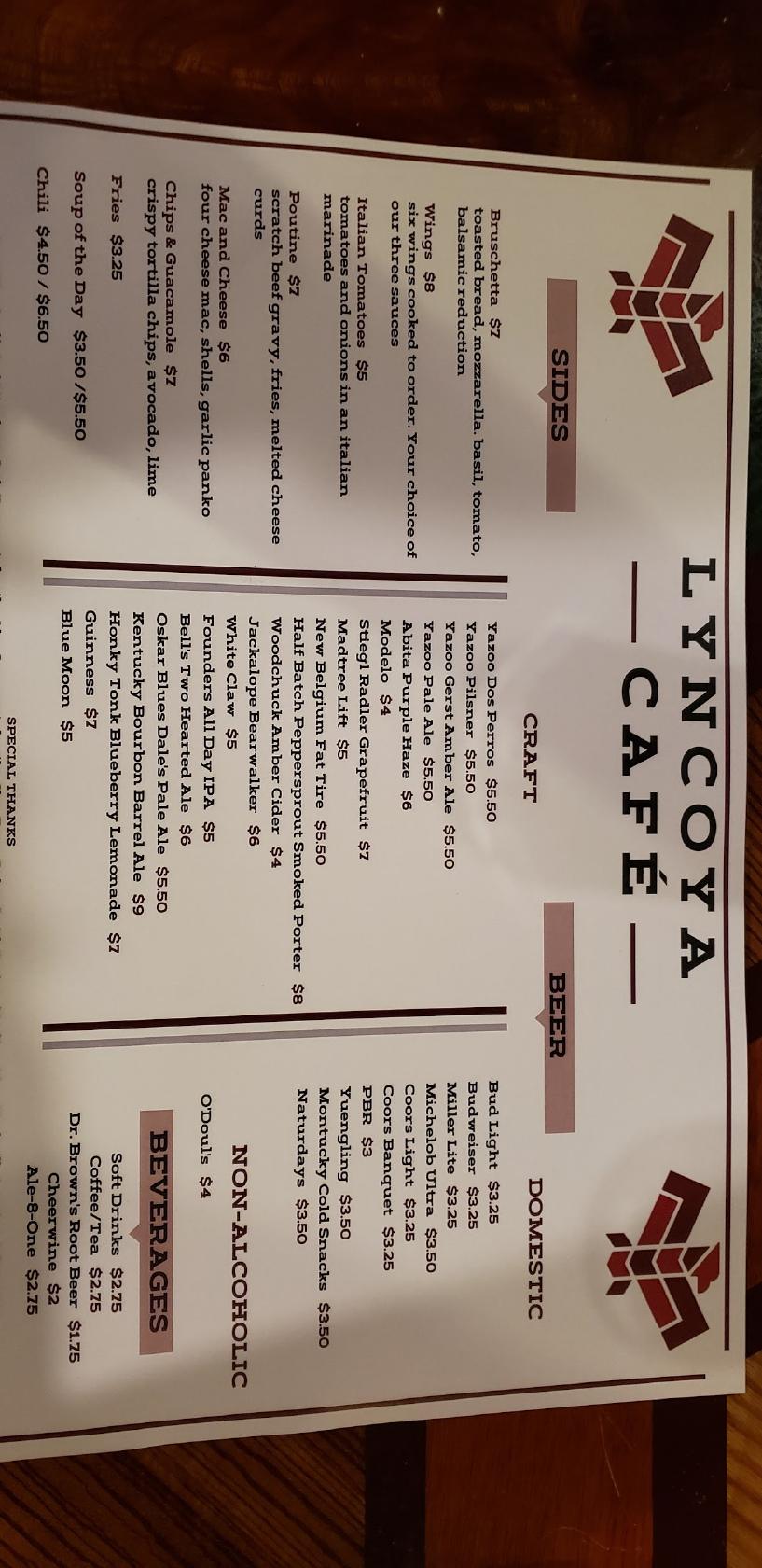 Menu at Lyncoya Cafe, Hendersonville