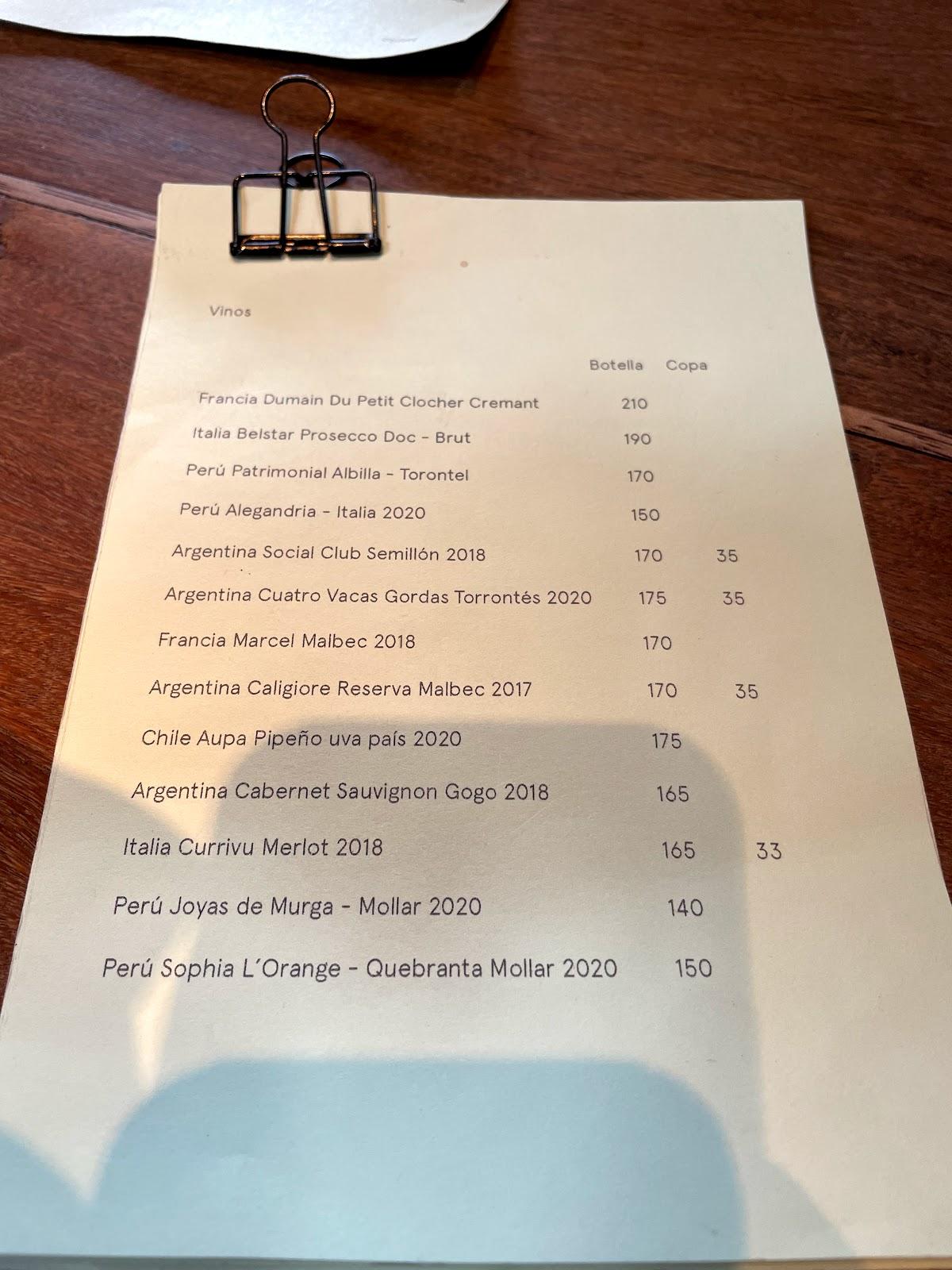 Carta del restaurante Mérito, Barranco