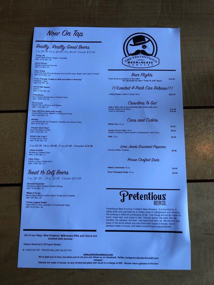 Menu at Pretentious Beer Co pub & bar, Knoxville