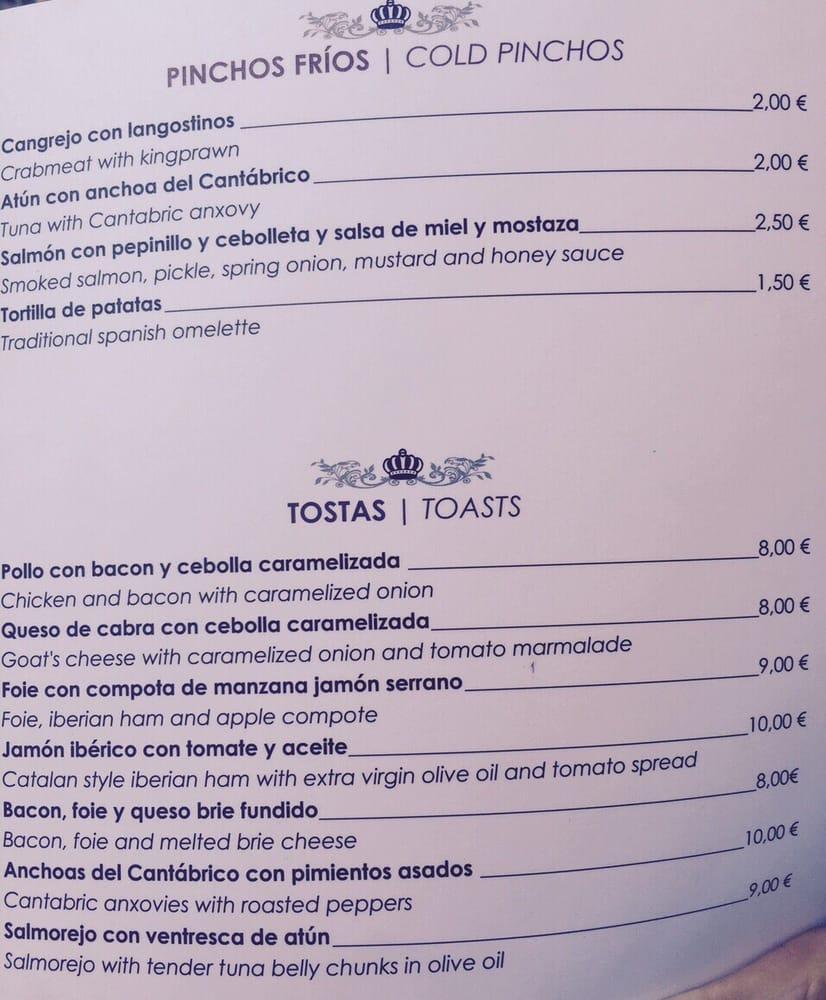 Carta del pub y bar La Casa del Rey, Estepona