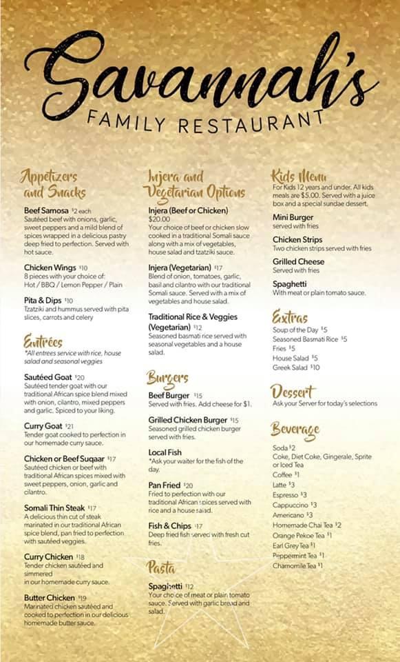 Menu at Savannah's Family Restaurant, Yellowknife