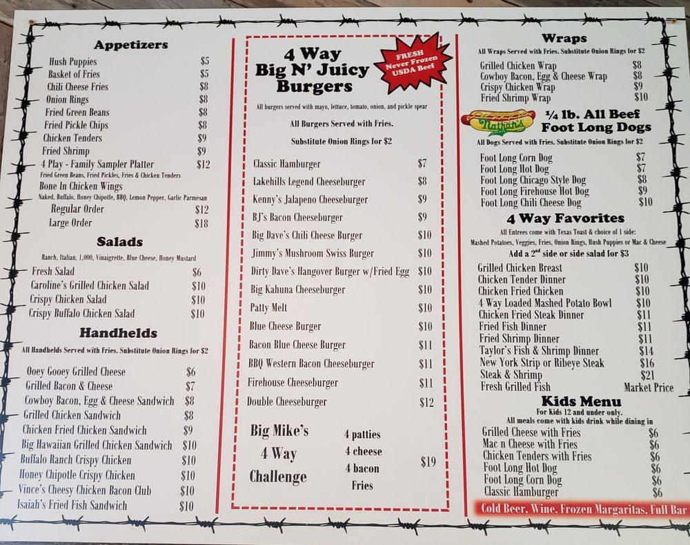 Menu at The 4 Way Bar & Grill, Lakehills
