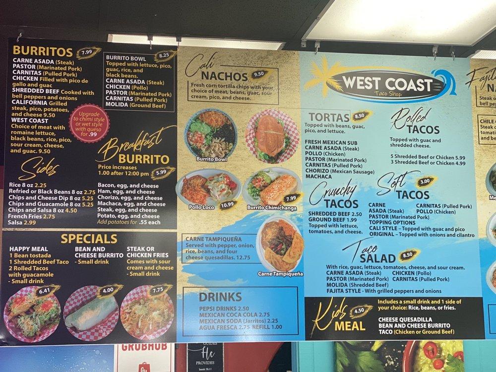 Menu at West Coast Taco Shop restaurant, Franklin