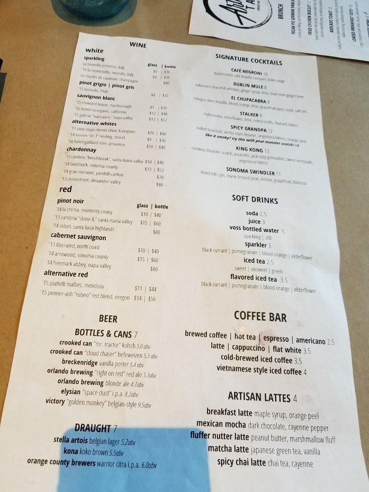 Menu at Artisan's Table restaurant, Orlando