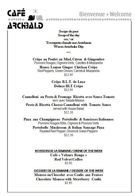 Menu at Cafe Archibald, Dieppe, 216 Gauvin Rd