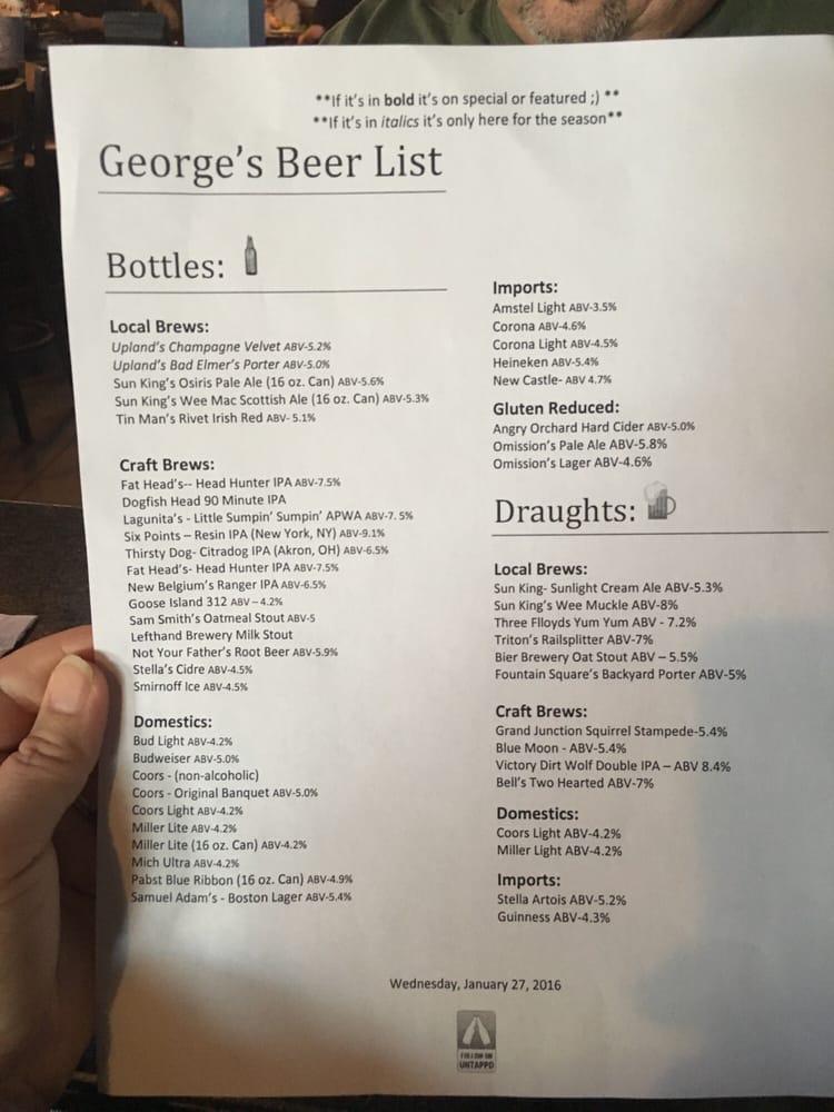 Menu at George's Neighborhood Grill restaurant, Indianapolis