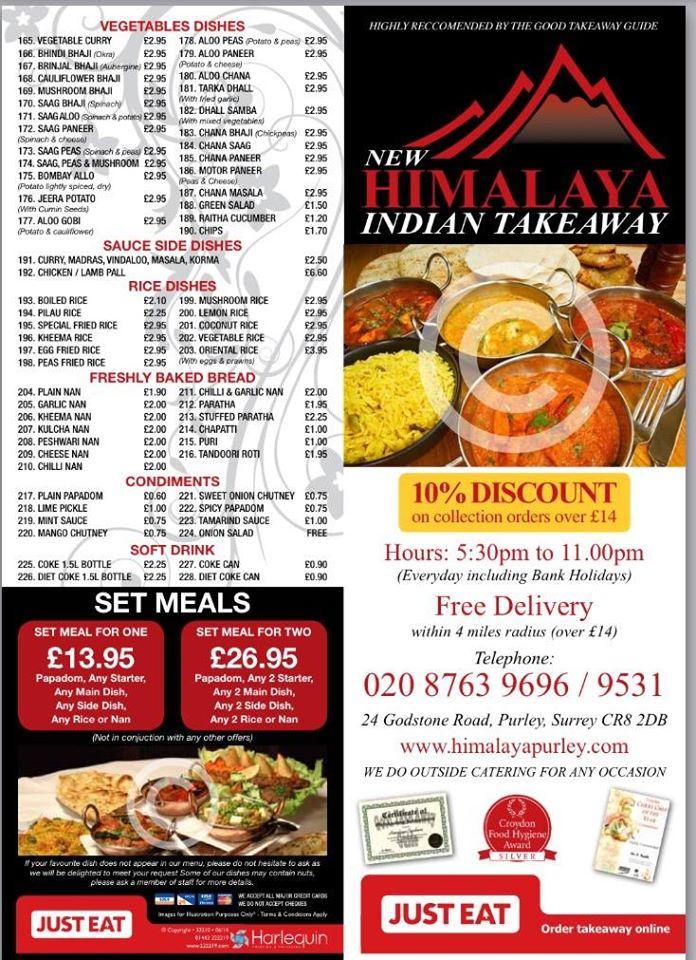 Menu at Himalaya fast food, Purley, 24 Godstone Rd