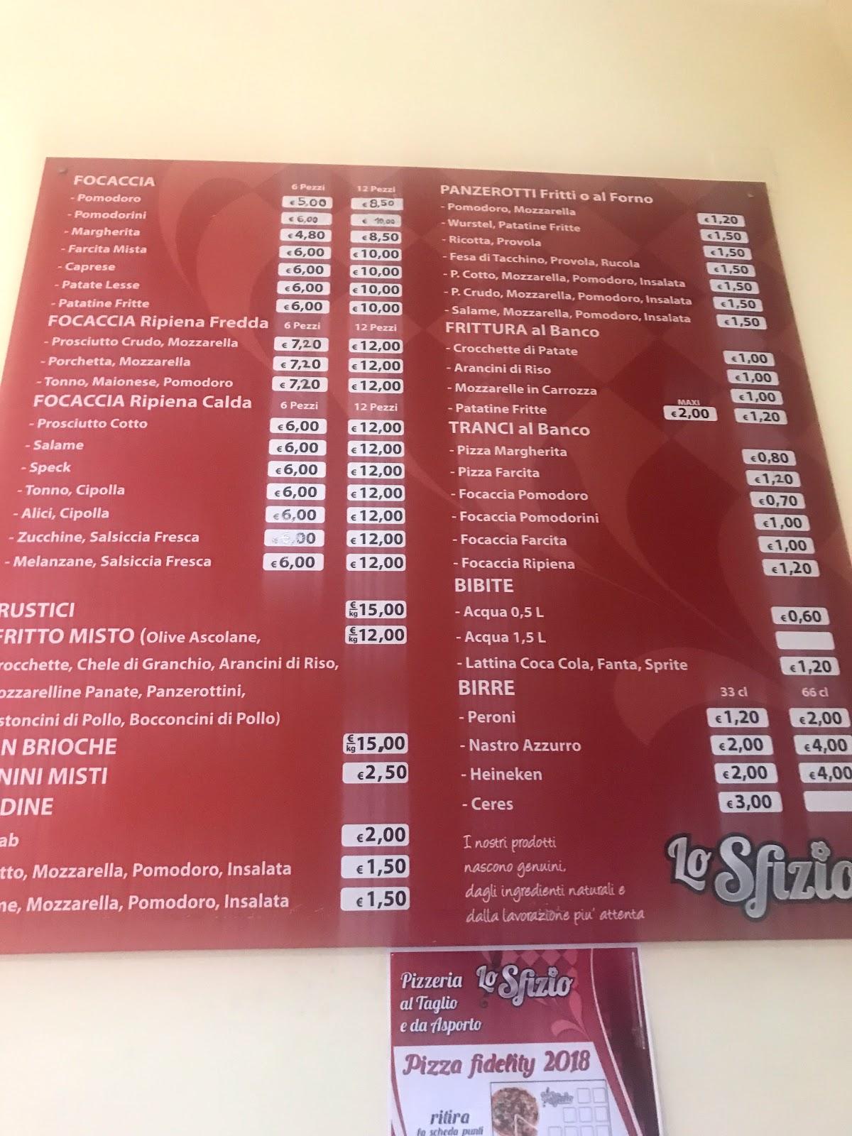 Menu at Lo Sfizio pizzeria, Venosa