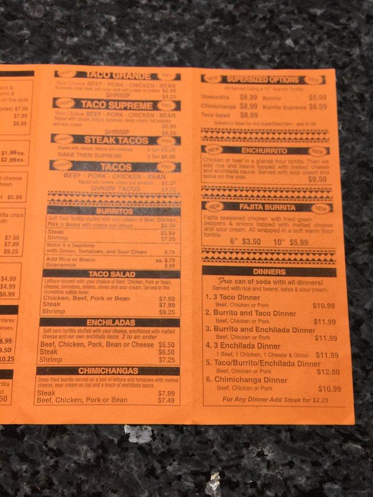 Menu at Taco Bandido restaurant, Scranton
