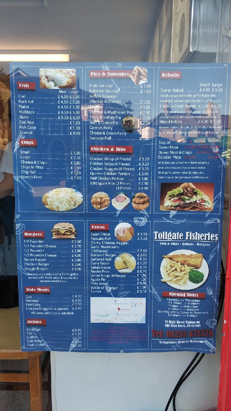 Menu at Tollgate Fisheries fast food, Walton on the Naze