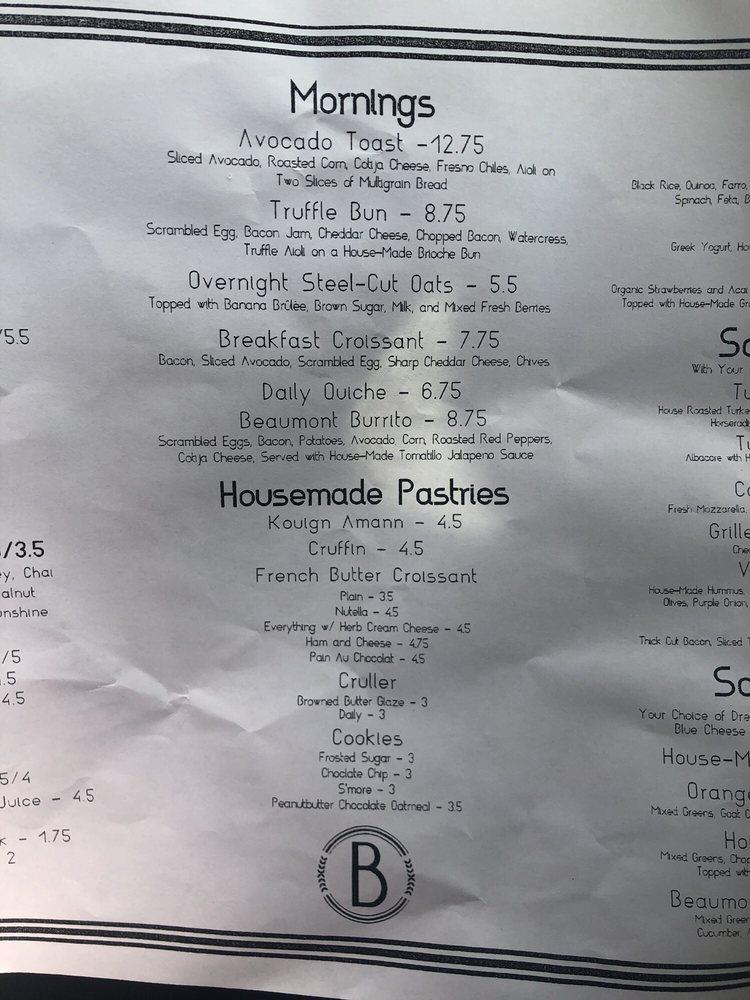 Menu at Beaumont Bakery & Cafe, Salt Lake City