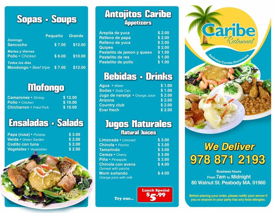Menu at Caribe Restaurant, Peabody, 80 Walnut St