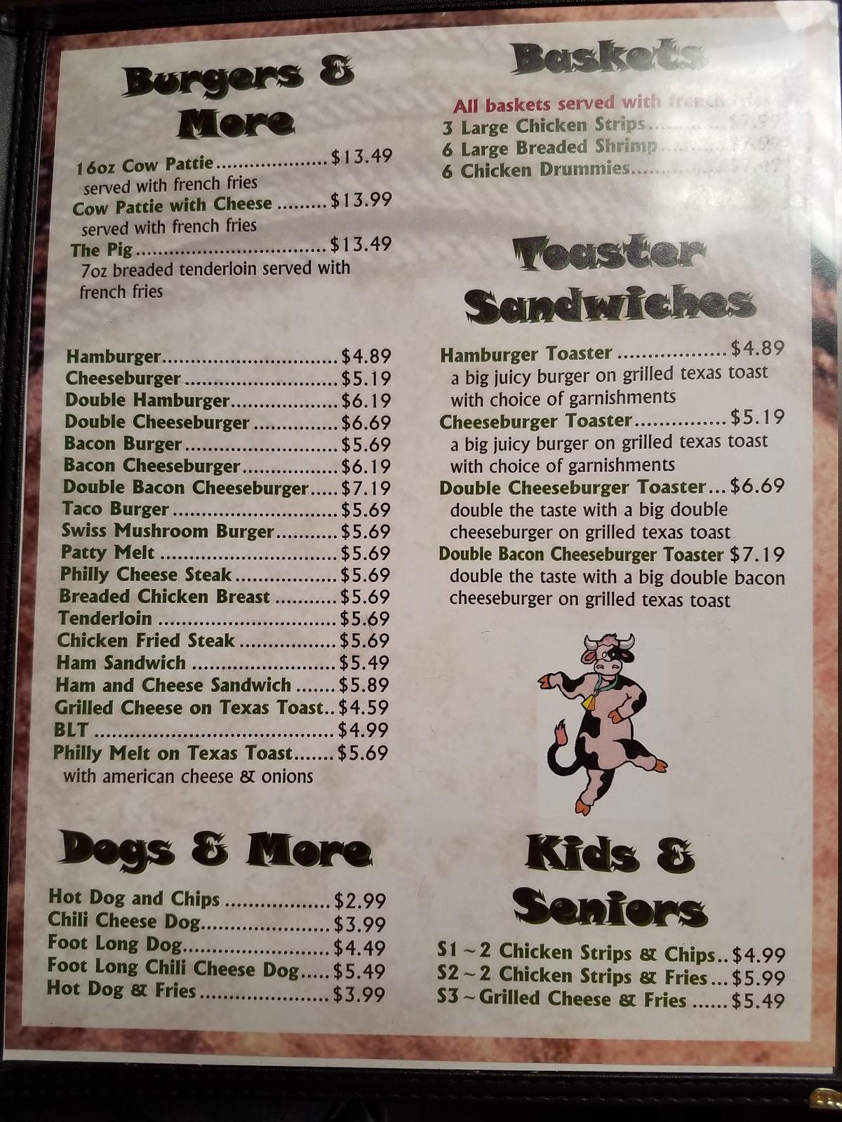 Menu at Cow Patties restaurant, Warsaw