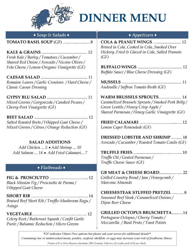 Menu at Gypsy Blu pub & bar, Ambler