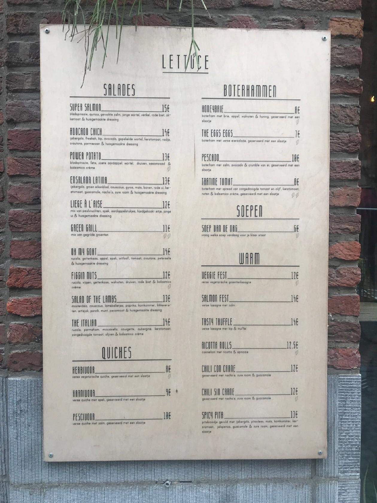 Menu at Lettuce, Leuven