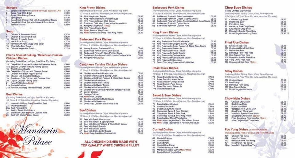 Menu at Mandarin Palace Coleraine fast food, Coleraine