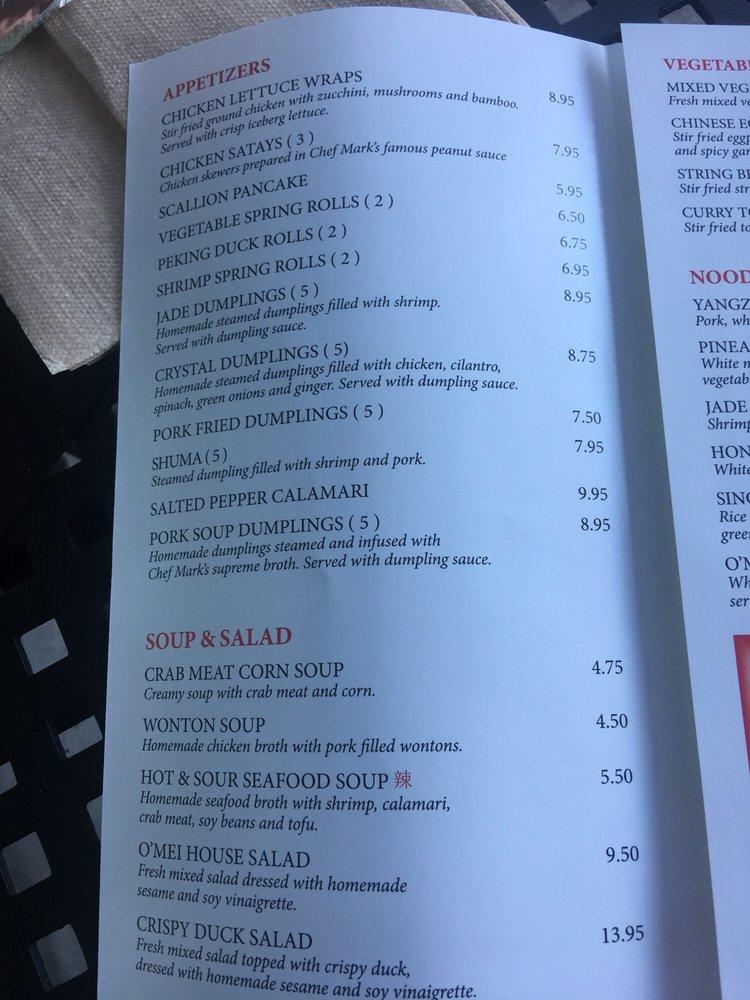 Menu at O'mei Chinese Cuisine restaurant, North Naples, Tamiami Trail N
