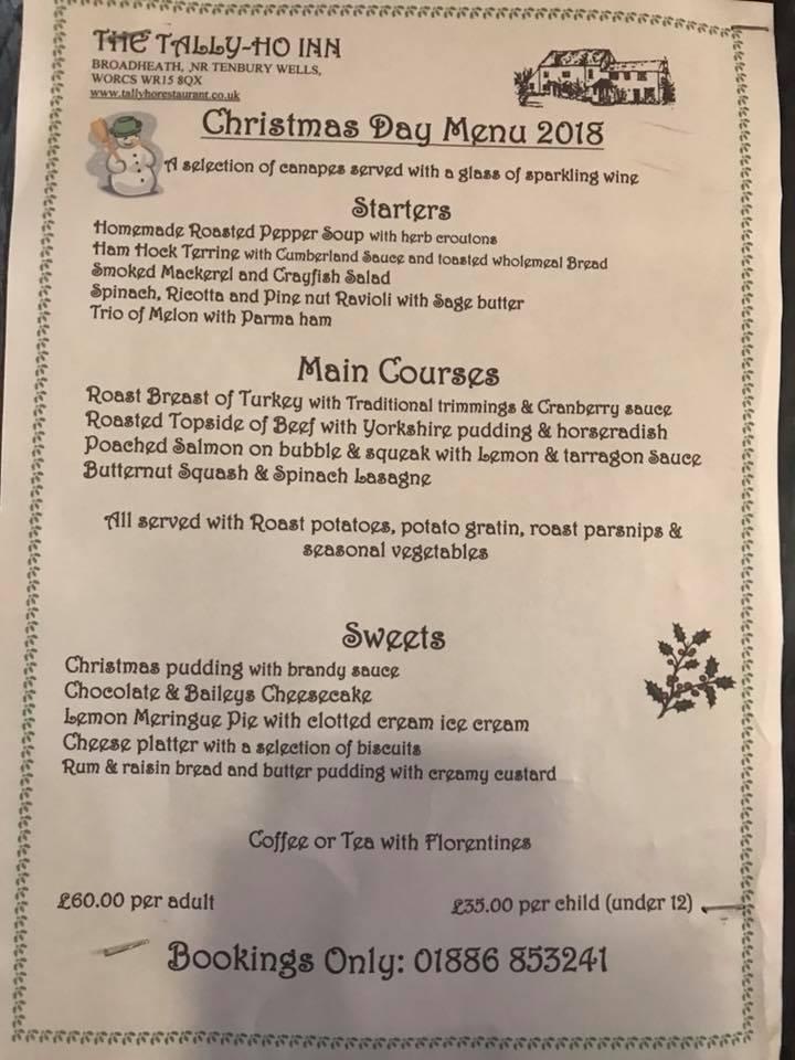 Menu at Tally Ho Inn pub & bar, England, Broadheath