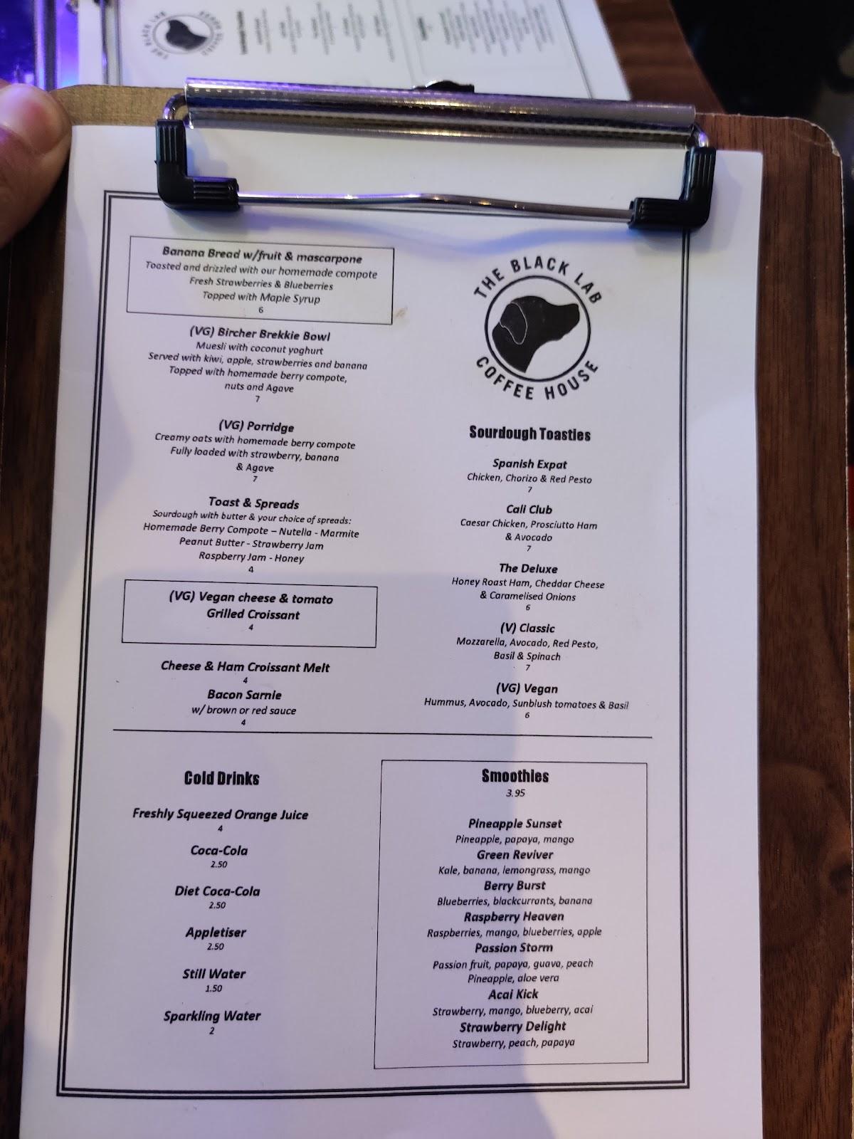 Menu at 'The Black Lab' Coffee House, London