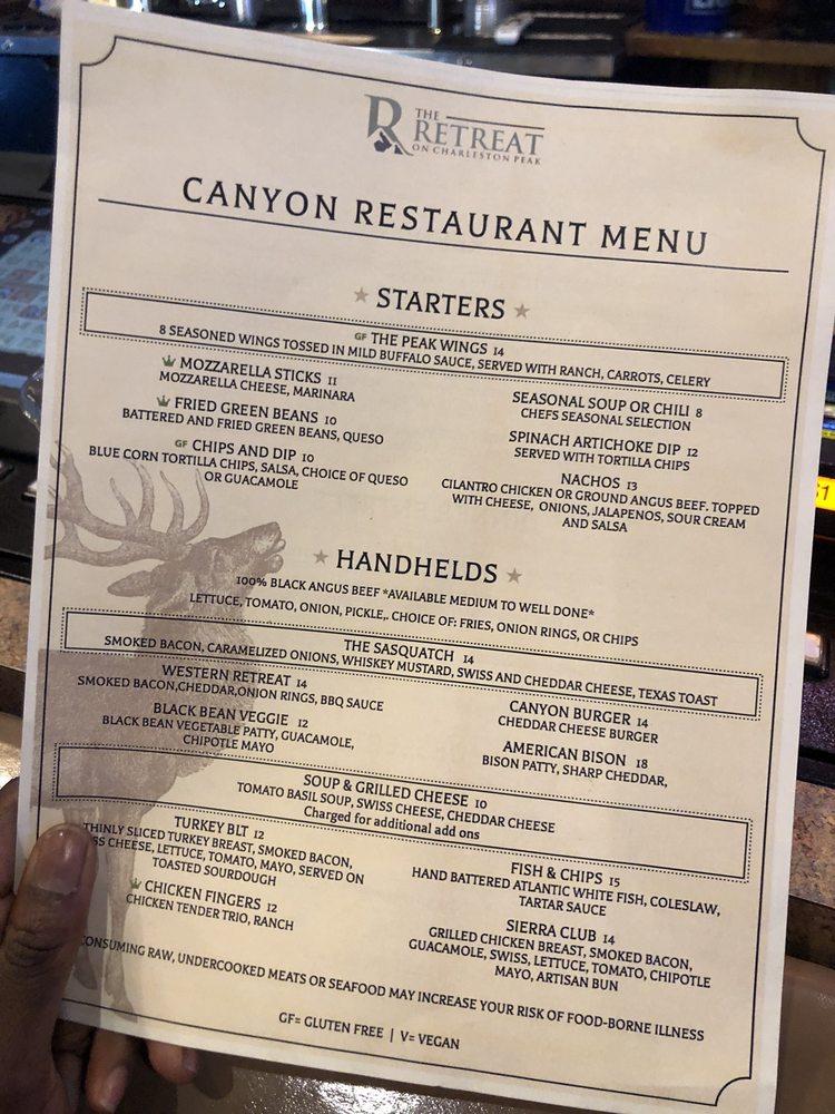 Menu at The Retreat on Charleston Peak restaurant, Mount Charleston