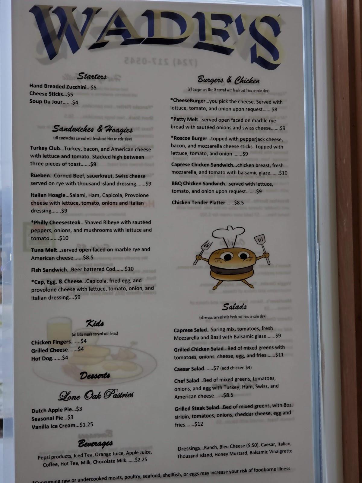 Menu at Wade's breakfast and grille restaurant, Export