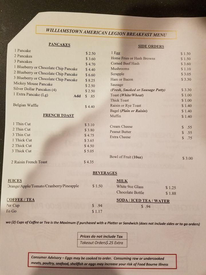 Menu at Williamstown American Legion Post 239 pub & bar, Williamstown