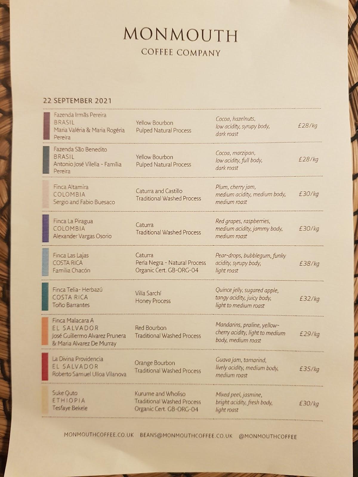 Menu at Monmouth Coffee Company cafe, London, 27 Monmouth St