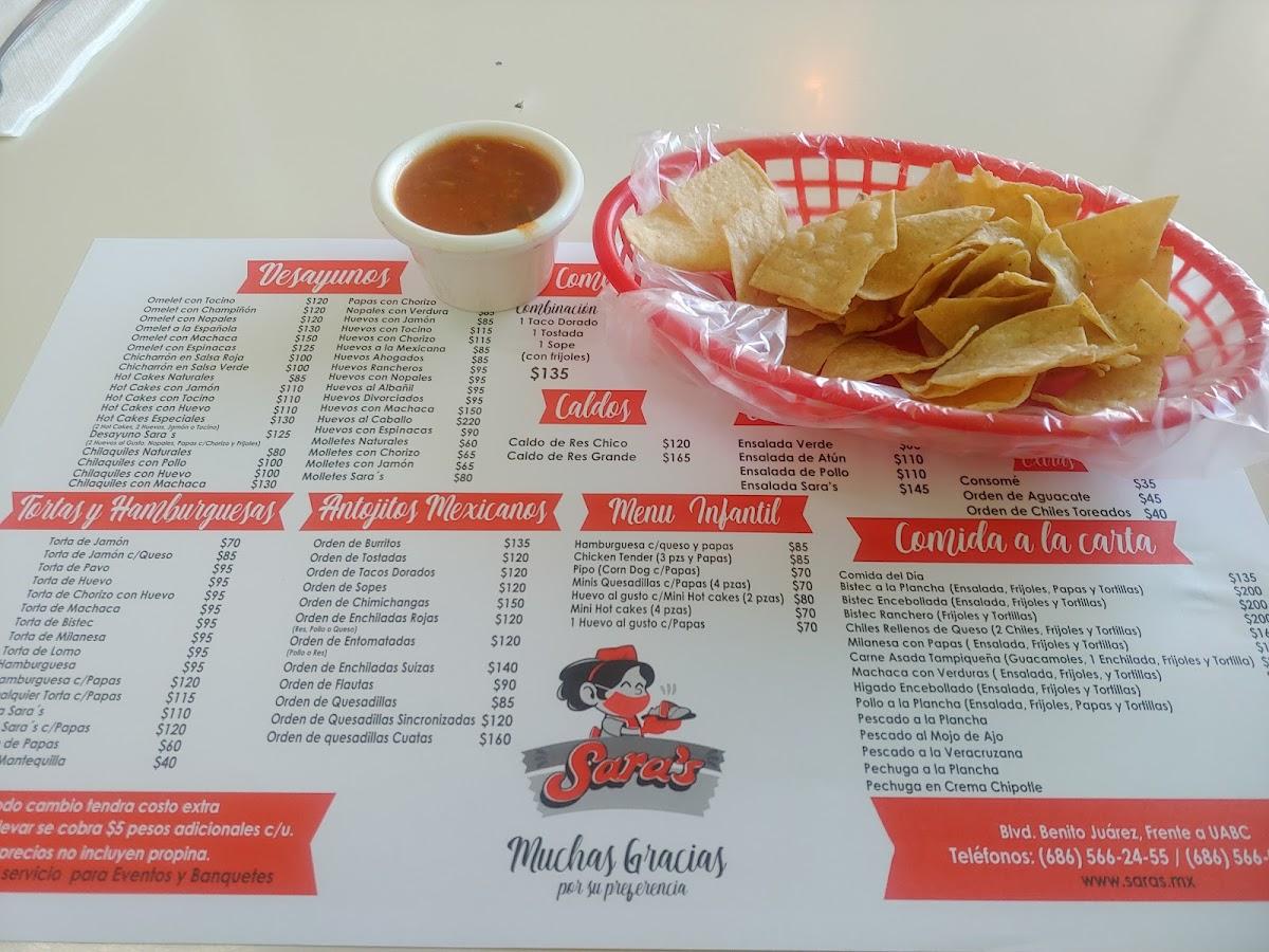 Carta del restaurante Sara's, Mexicali