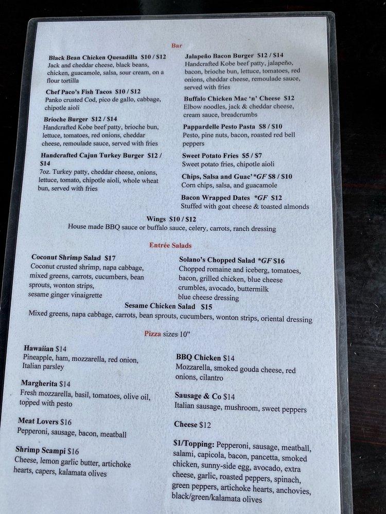 Menu at Solano's Bar & Grill, Palm Desert