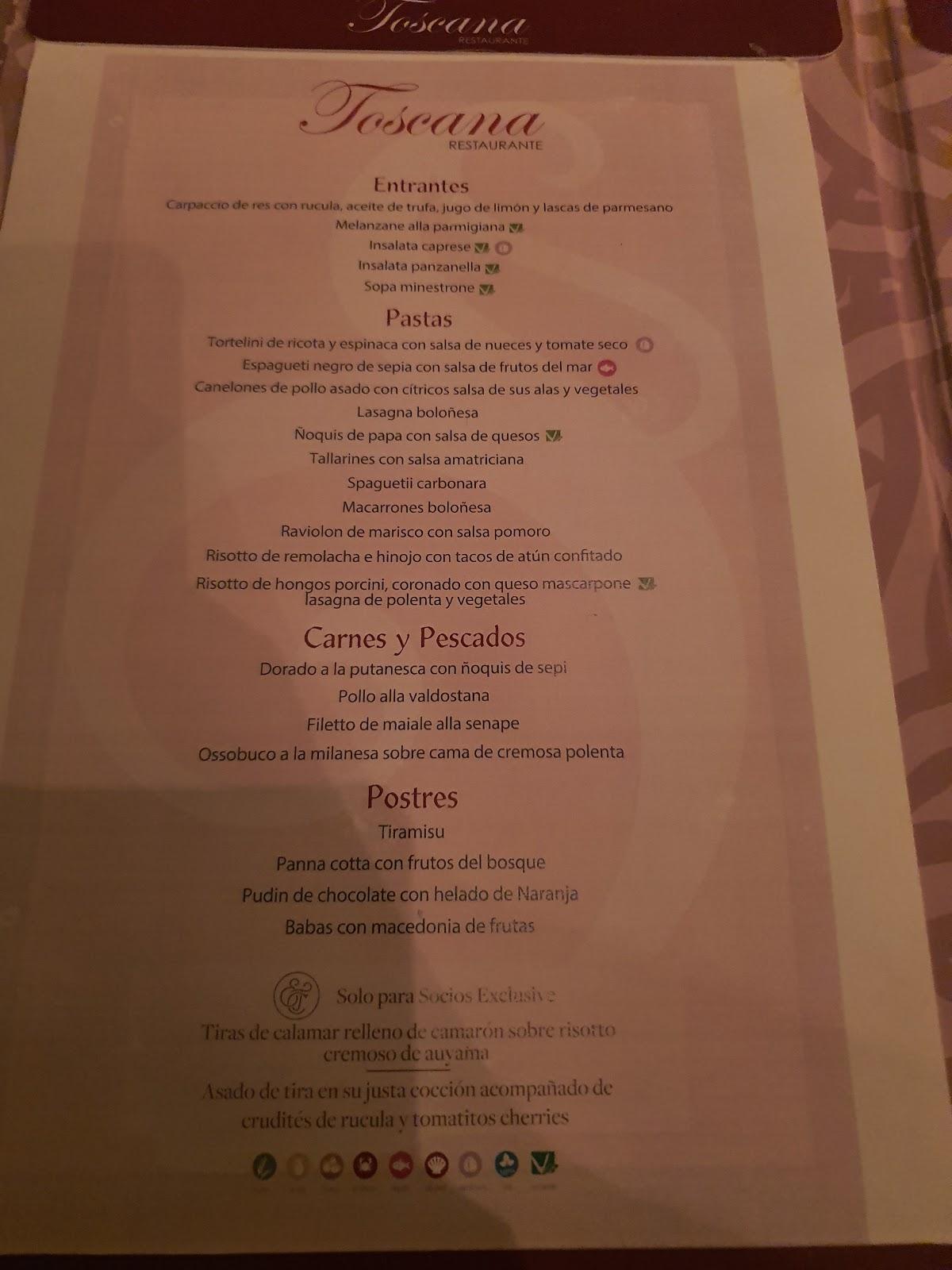 Menu at Toscana restaurant, Dominicus